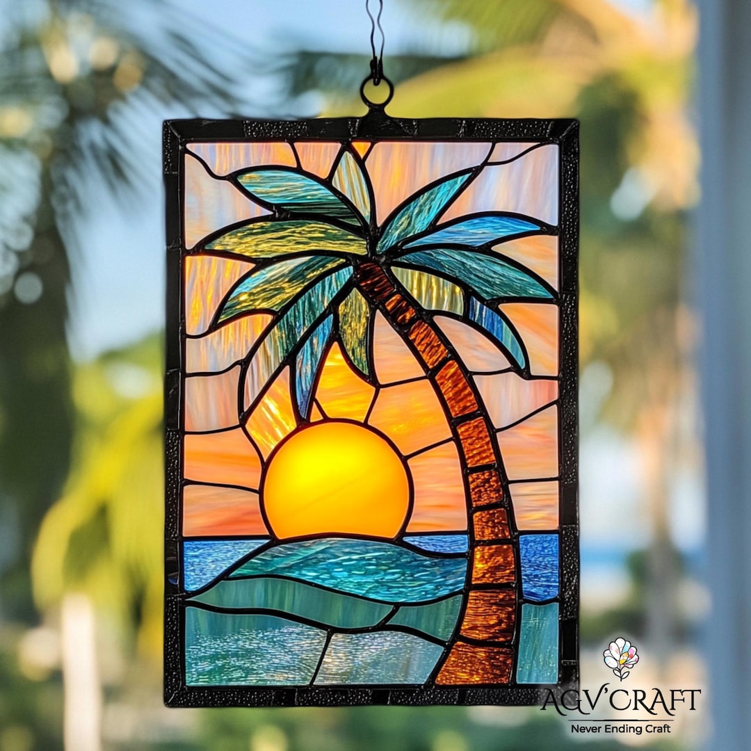 Beach Sunset Stained Glass Pattern, Sunset Suncatcher, Sunset Stained ...