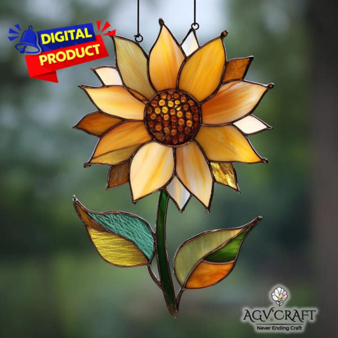 Sunflower Plant Stained Glass Pattern, Sunflower Suncatcher, Sunflower ...