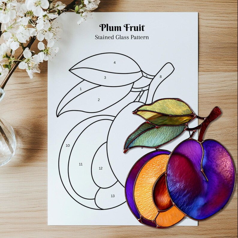 Plum Fruit Stained Glass Pattern, Plum Fruit Suncatcher, Slice of Fruit ...