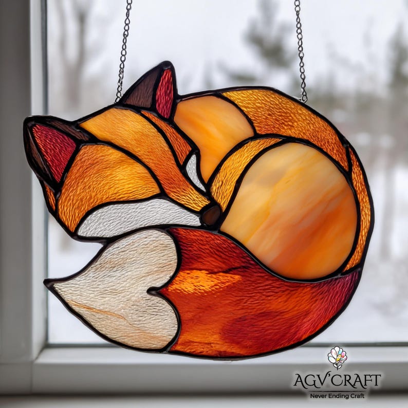 Sleeping Fox Stained Glass Pattern, Cute Fox Suncatcher, Fox Stained ...