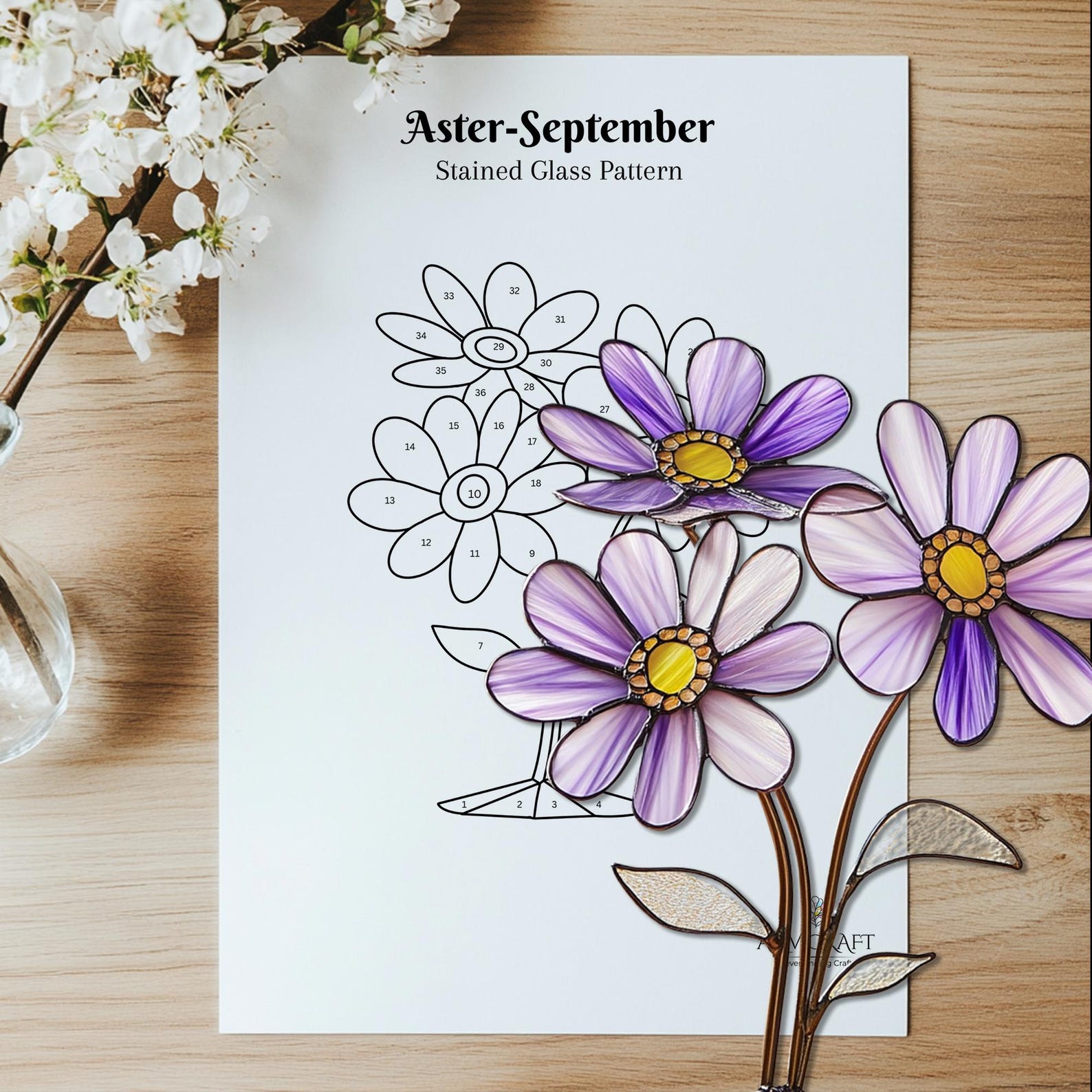 Aster Flower Stained Glass Pattern, Birth Flower Stained Glass Pattern ...
