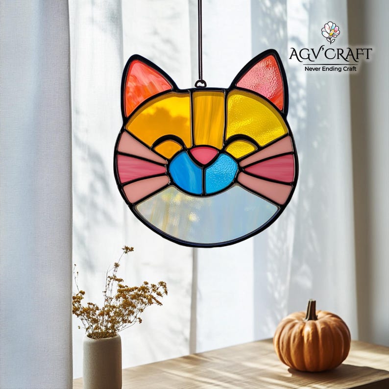 Cat Face Stained Glass Pattern, Cat Face Suncatcher, Cute Cat Stained ...