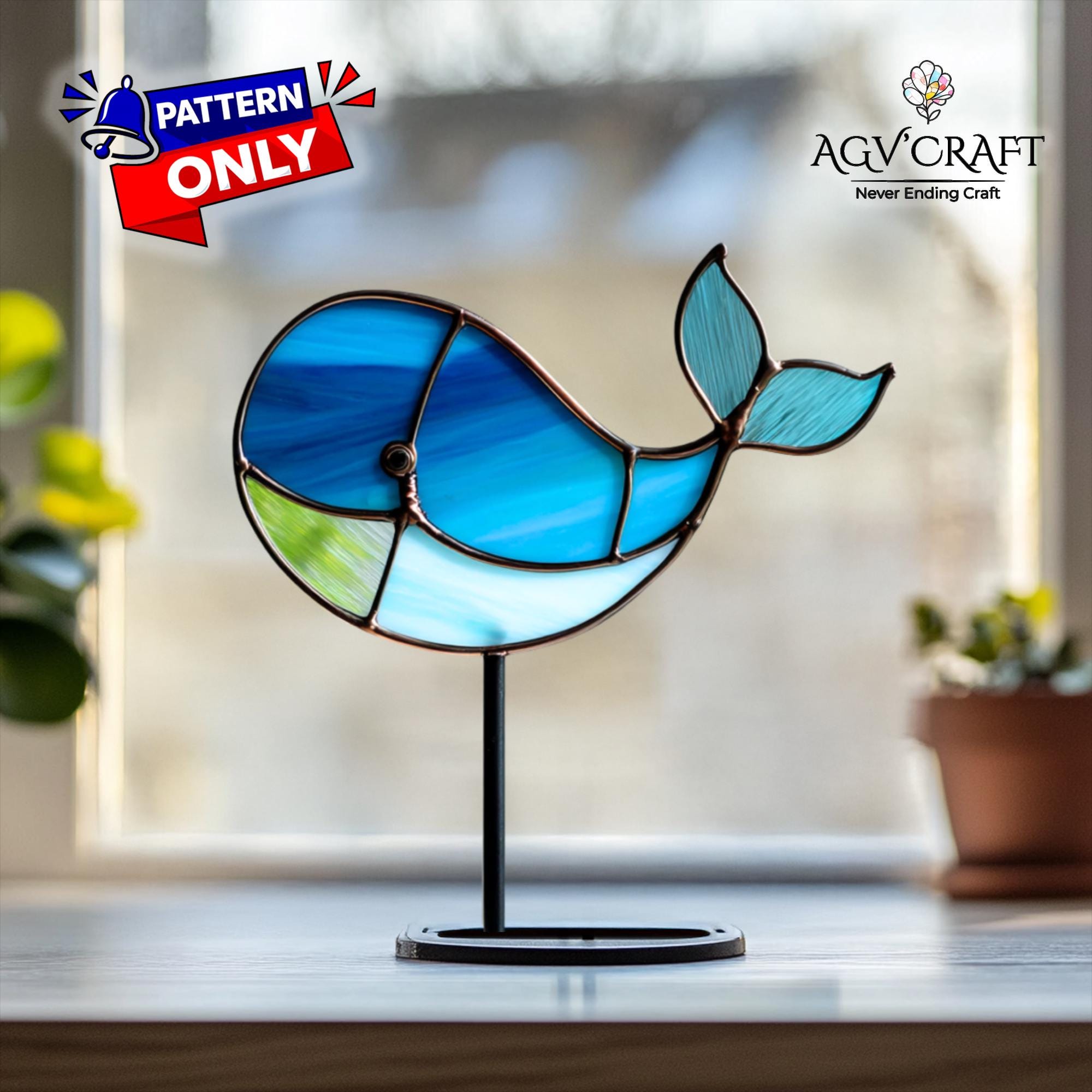 Blue Whale Stained Glass Plant Stakes Pattern, Whale Suncatcher, Whale ...