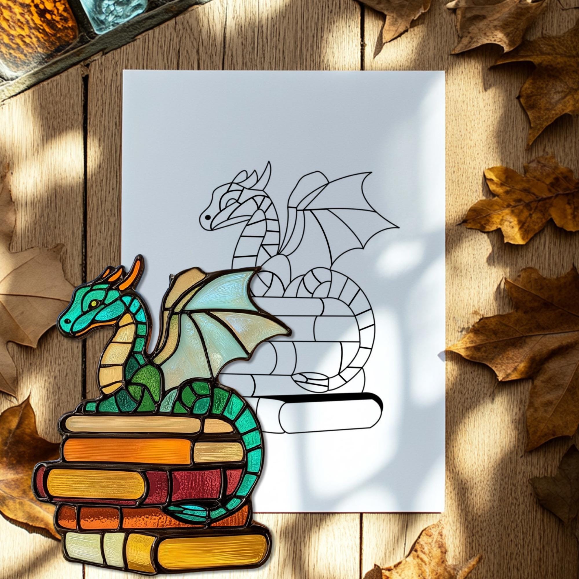 Dragon Book Stained Glass Pattern, Fantasy Suncatcher, Mythical Stained ...