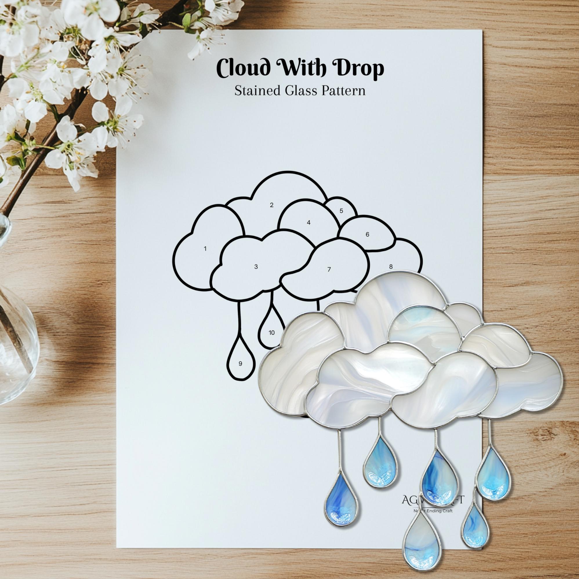 Cloud With Drop Stained Glass Pattern, Rain Drop Glass Pattern, Cloud ...
