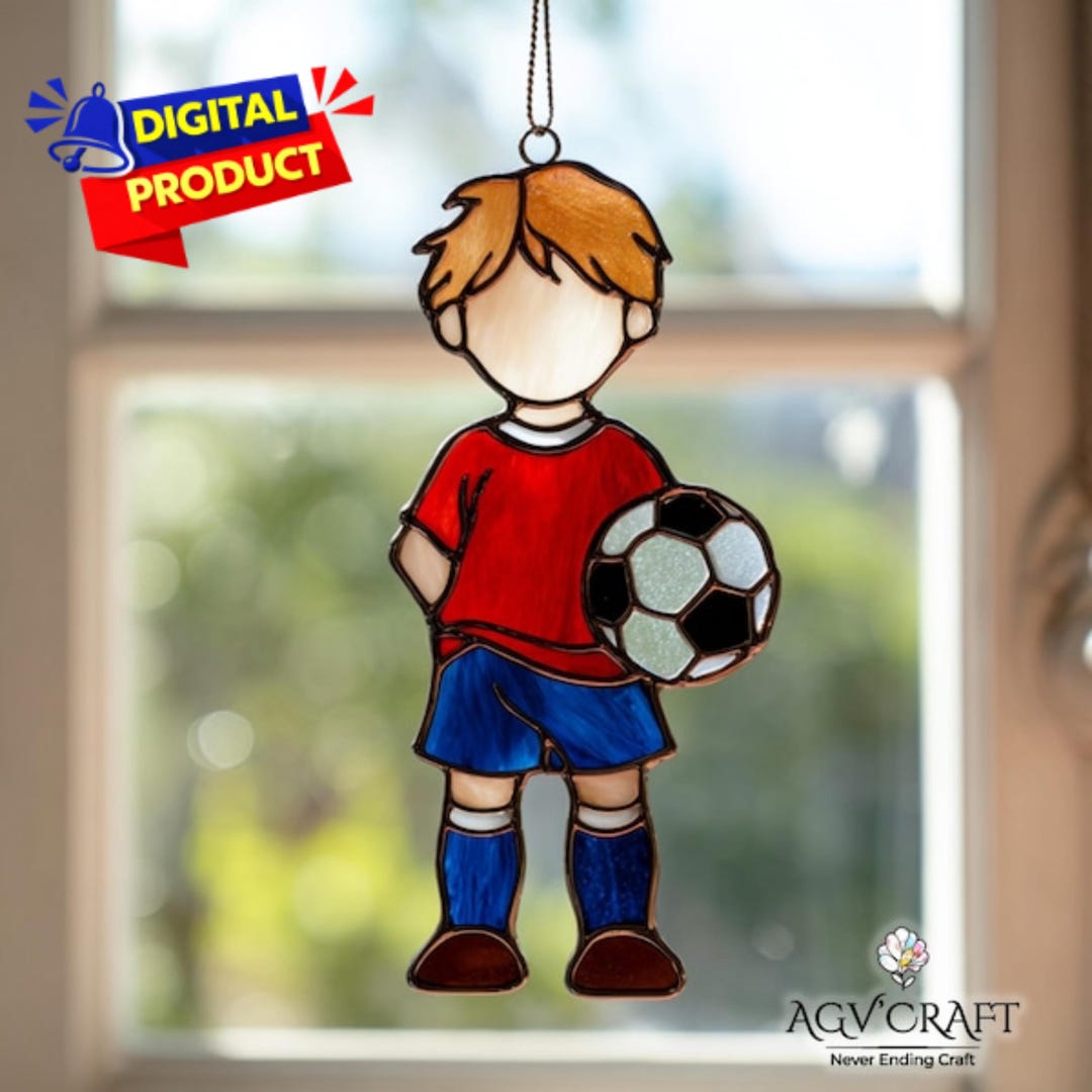 Soccer Boy Stained Glass Pattern, Football Suncatcher, Soccer Stained ...