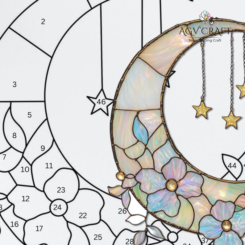 Flower Moon Stained Glass Pattern, Crescenmoon Suncatcher Temlate, Home ...