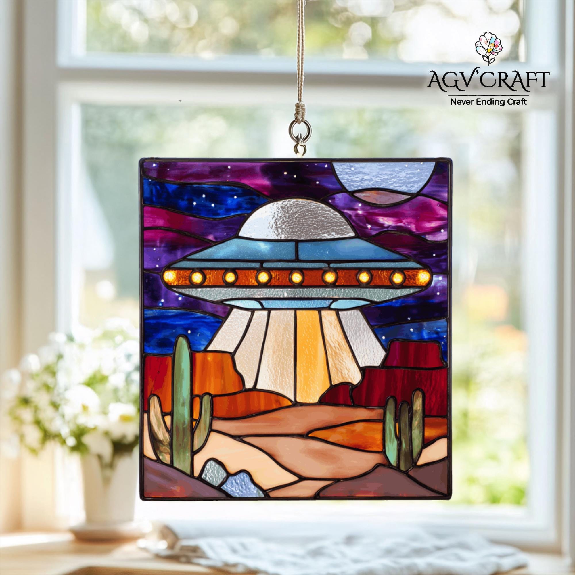 Ufo Over the Desert Stained Glass Pattern, UFO Desert Suncatcher, UFO ...