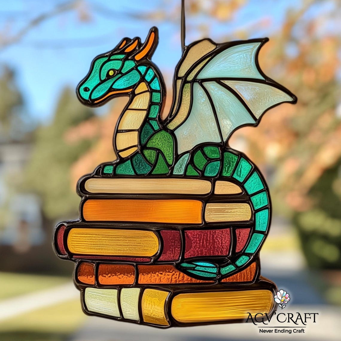 Dragon Book Stained Glass Pattern, Fantasy Suncatcher, Mythical Stained ...