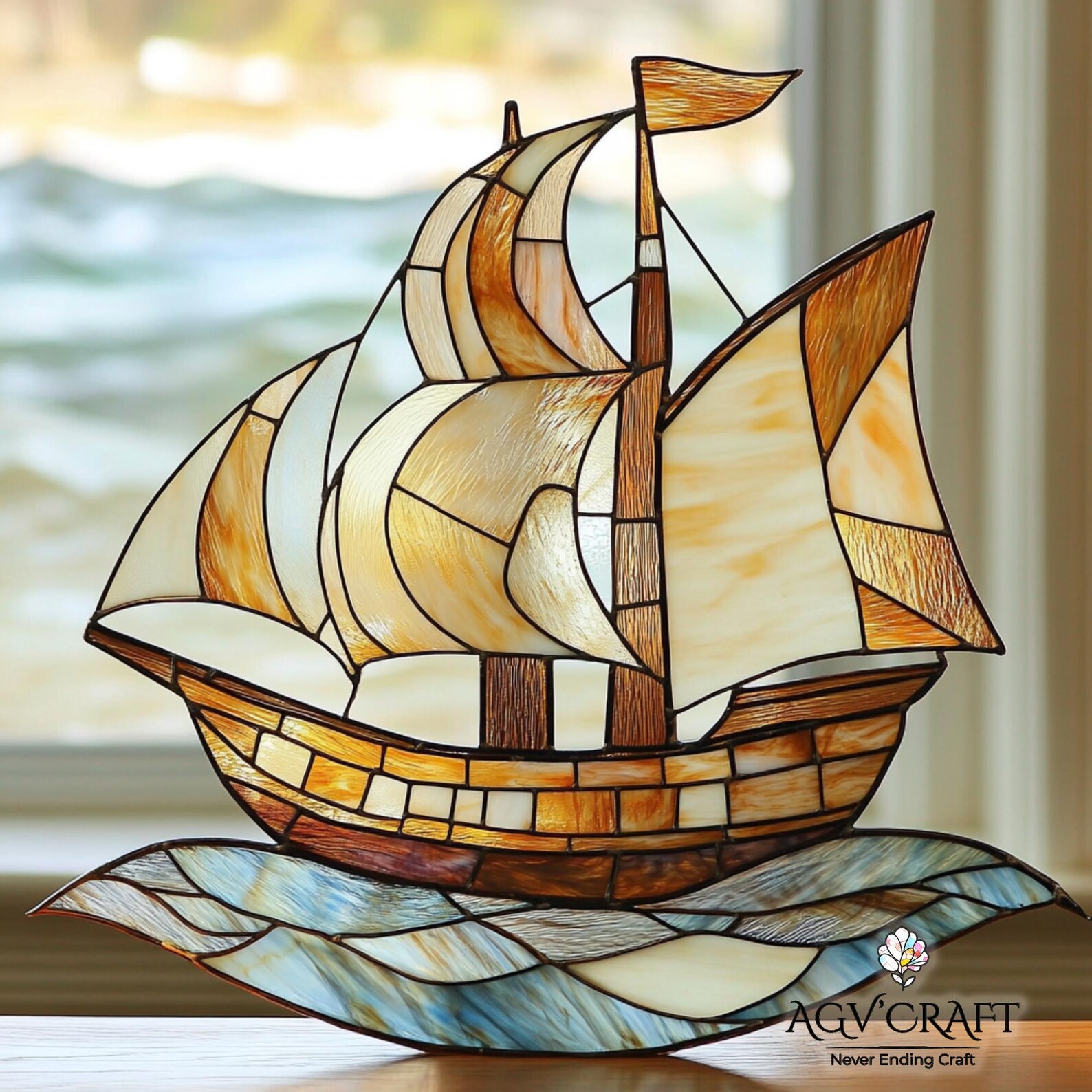 Sailing Ship Stained Glass Pattern, Ship Suncatcher, Sail Boat Stained ...