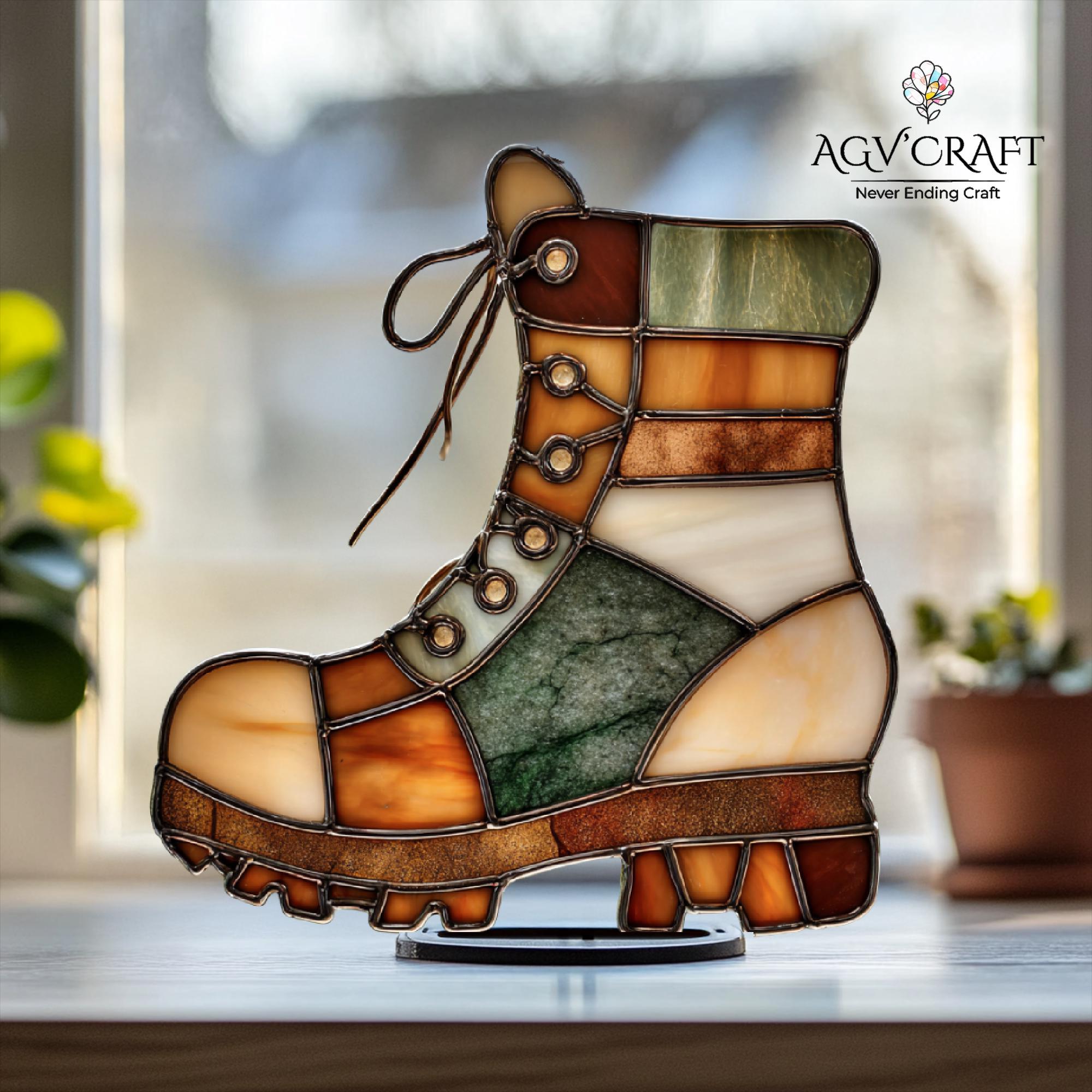 Hiking Shoes Stained Glass Pattern, Hiking Suncatcher, Travel Stained ...