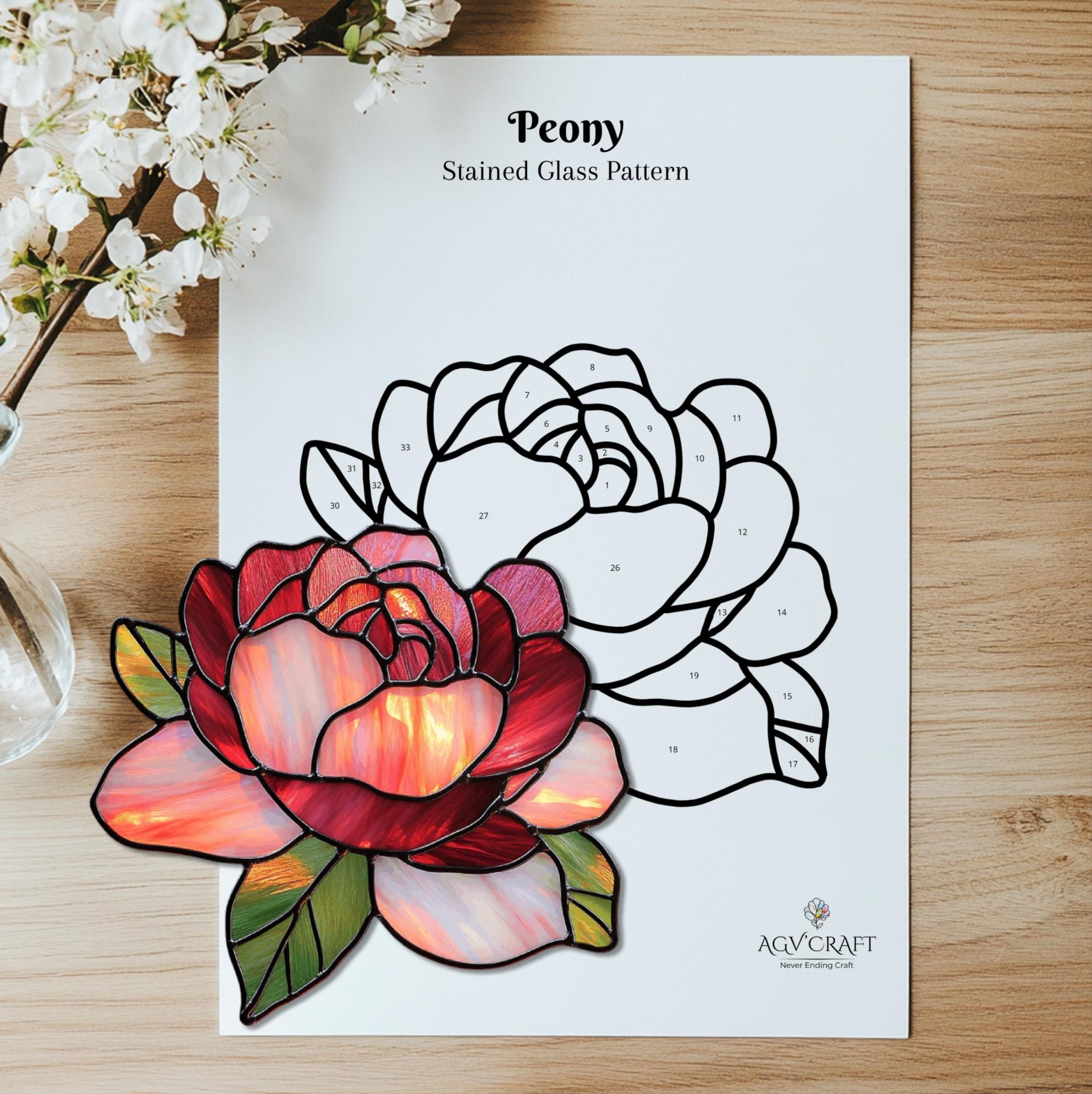 Peony Stained Glass Pattern, Peony Suncatcher, Flower Art Stained Glass ...
