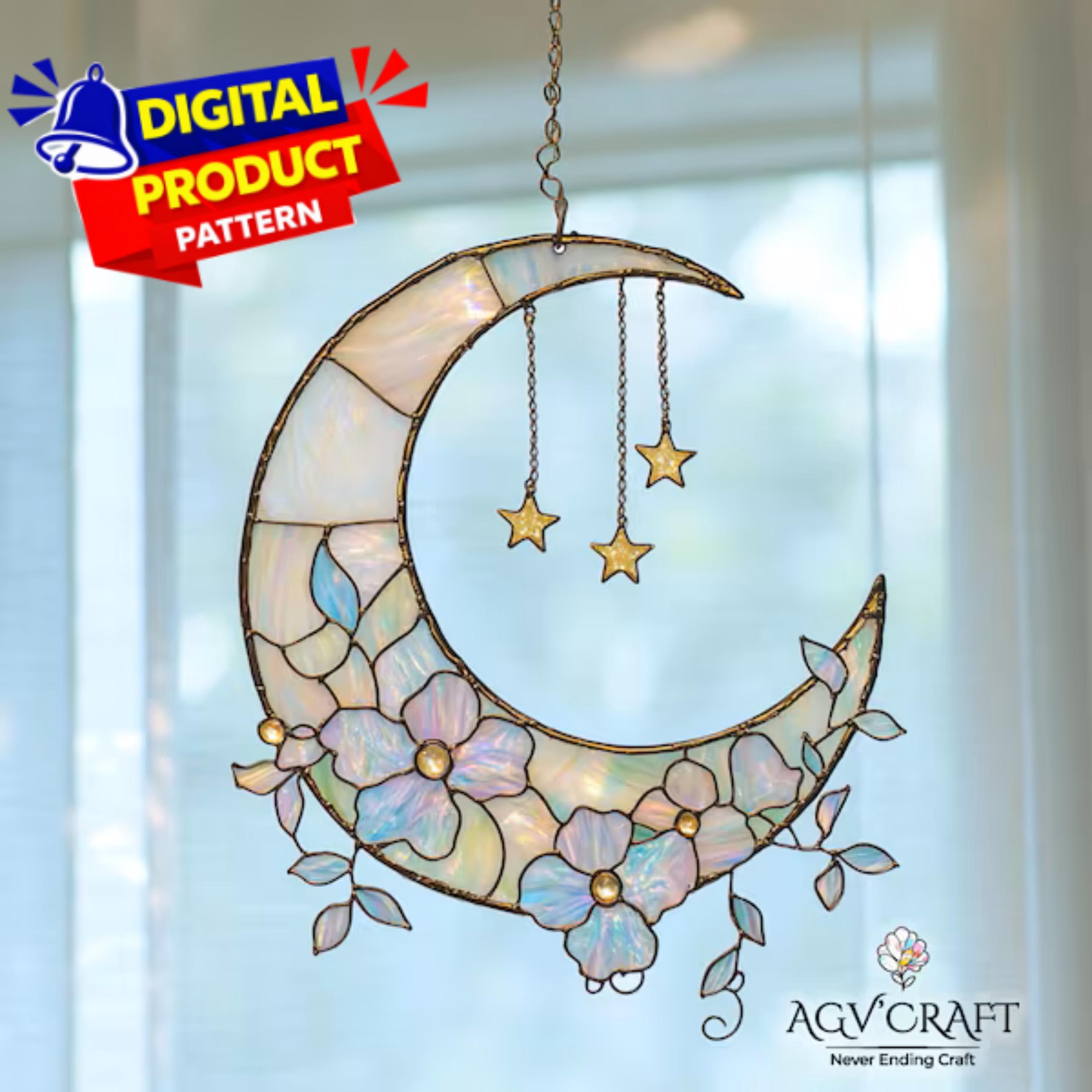 Flower Moon Stained Glass Pattern, Crescenmoon Suncatcher Temlate, Home ...