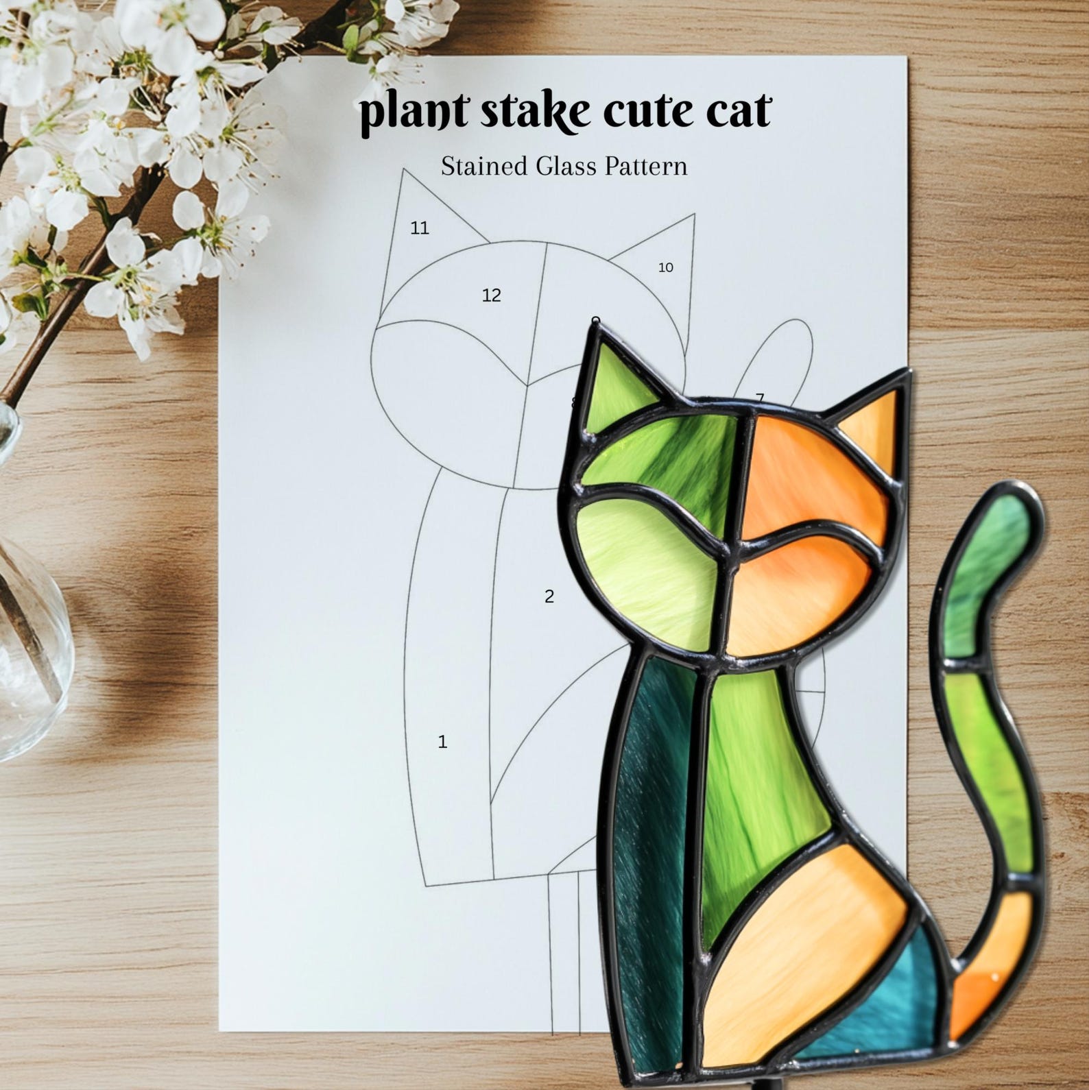 Cat Stained Glass Plant Stakes Pattern, Cat Suncatcher, Cute Cat ...