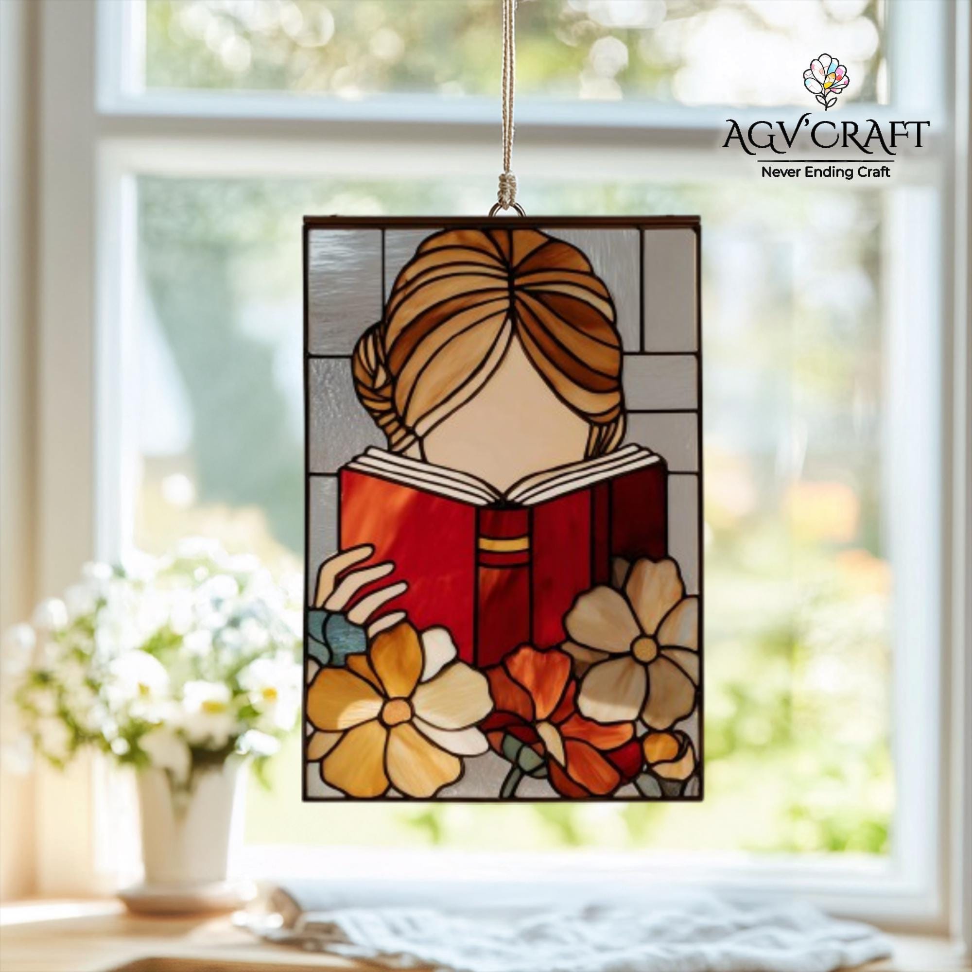 Girl Reading Book Stained Glass Pattern, Bookish Girl Suncatcher ...