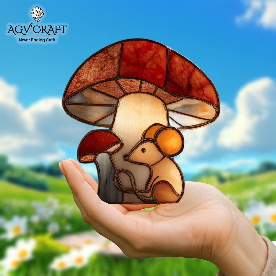 Mushroom and Mouse Stained Glass Pattern, Mushroom Suncatcher, Mushroom ...