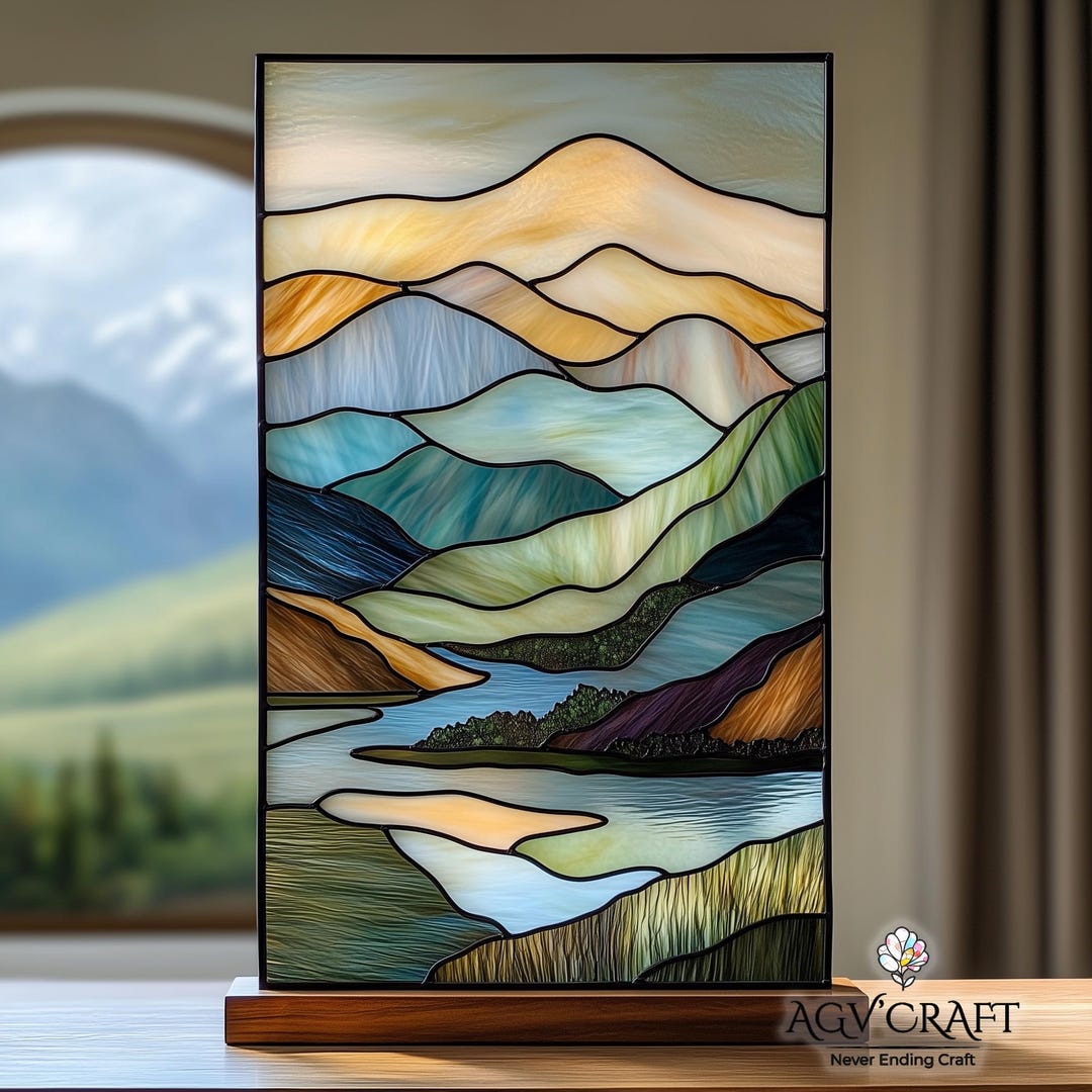 Landscape Mountain River Stained Glass Pattern, Mountain River ...