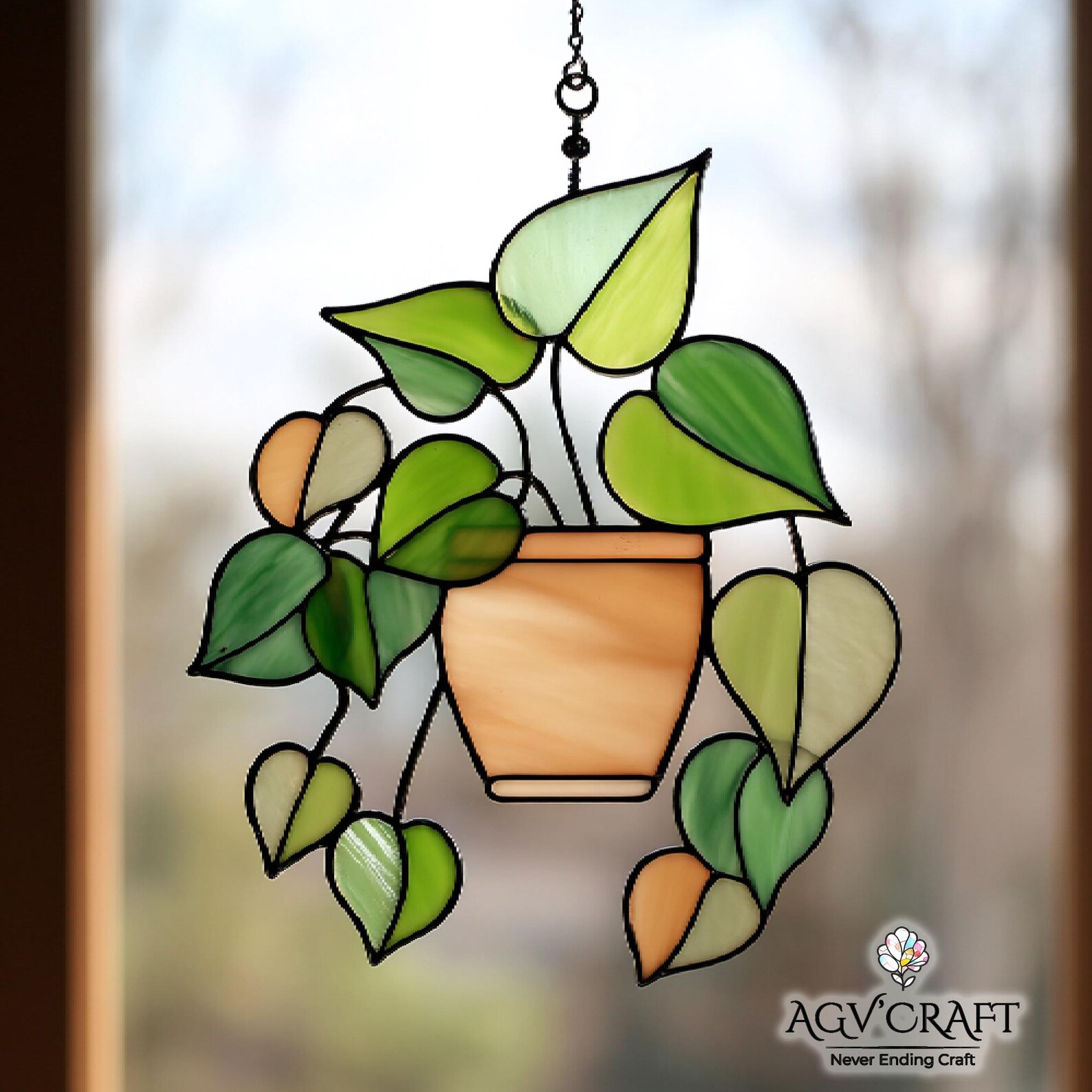 Pothos Plant Stained Glass Pattern, Hanging Pothos Plant Suncatcher ...