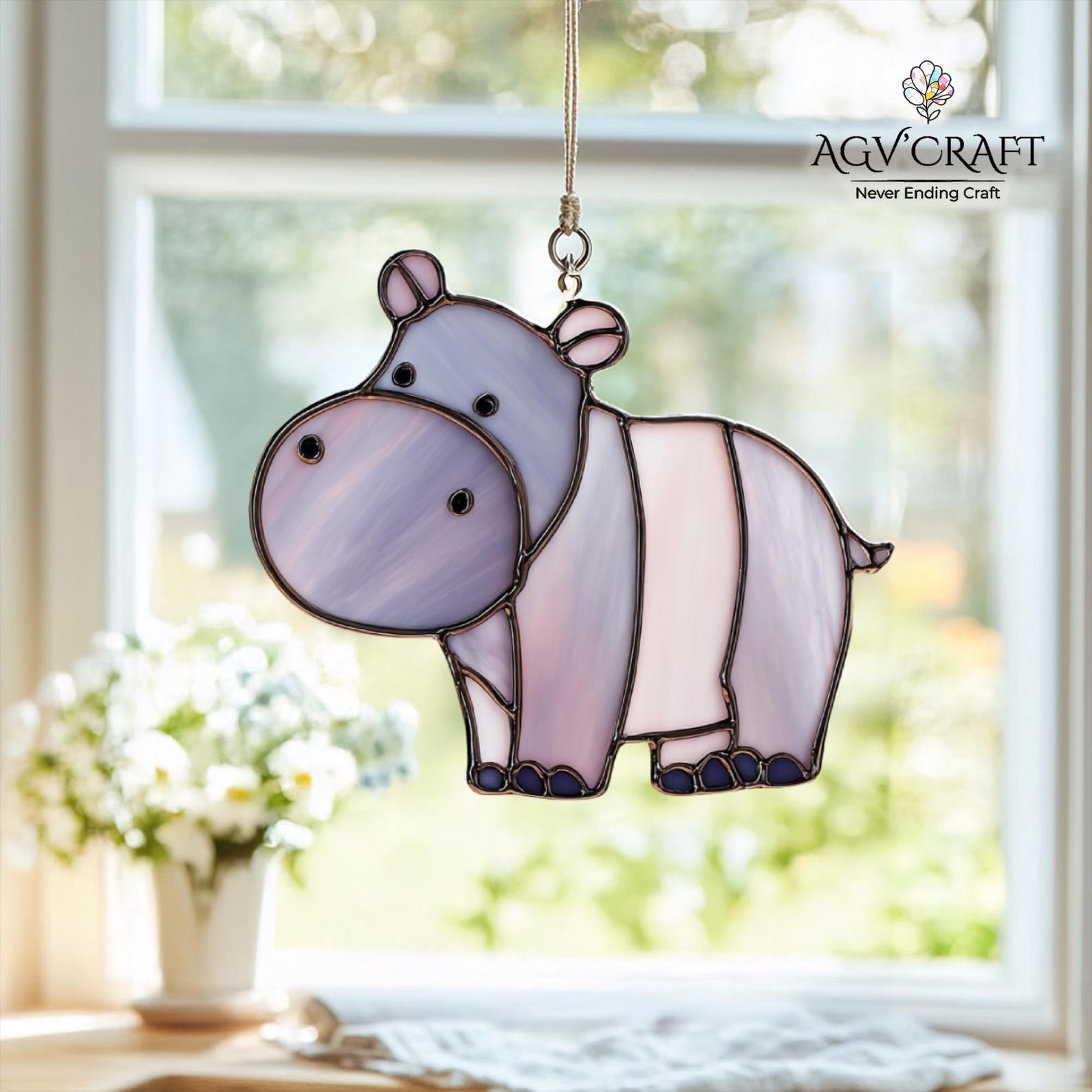 Hippo Stained Glass Pattern, Cute Hippo Suncatcher Template, Home Decor ...