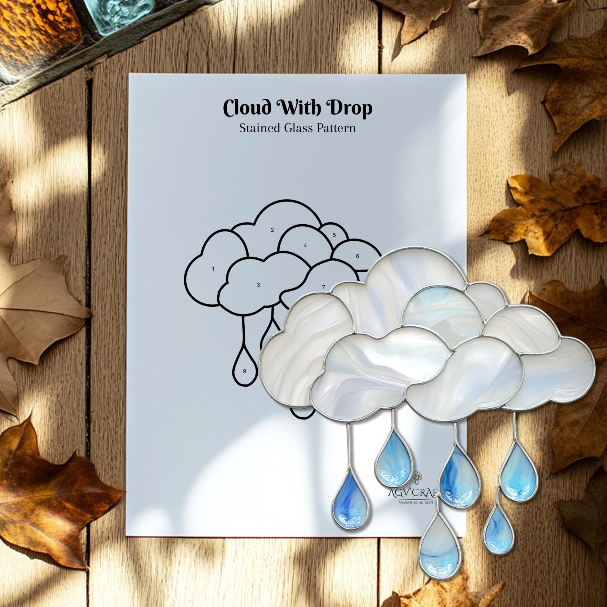 Cloud With Drop Stained Glass Pattern, Rain Drop Glass Pattern, Cloud ...