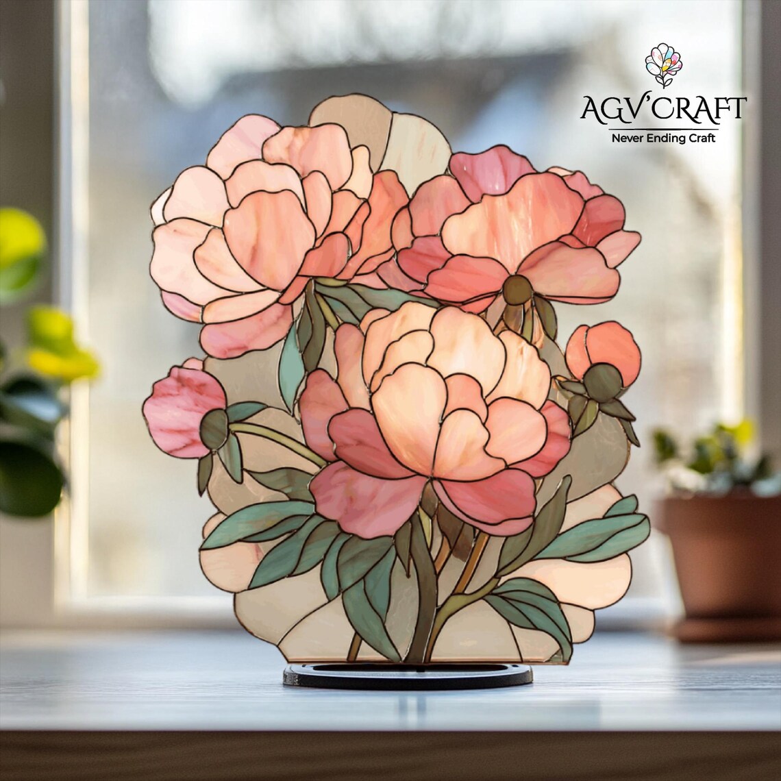 Pink Peonies Stained Glass Pattern, Peony Suncatcher, Magnolia Stained ...