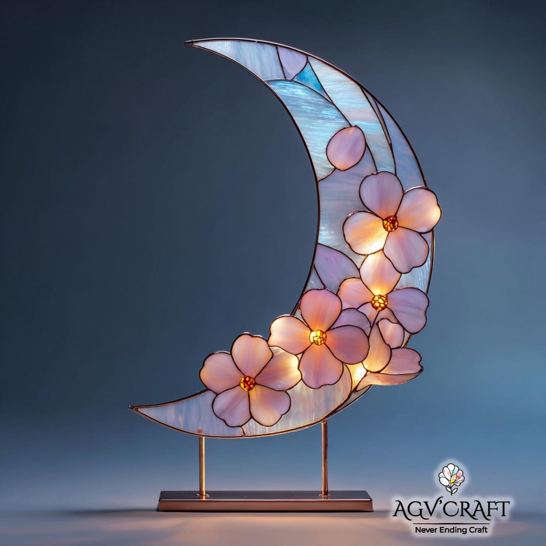 Floral Crescent Moon Stained Glass Pattern, Floral Moon Suncatcher ...