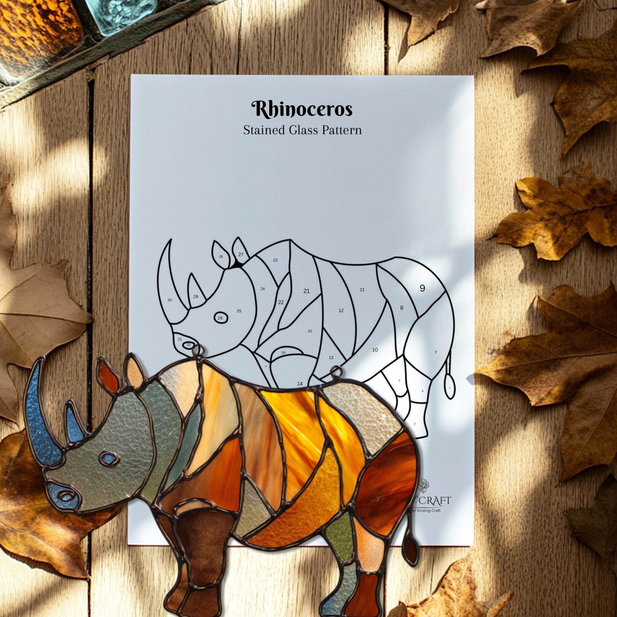 Rhinoceros Stained Glass Pattern, Rhinoceros Suncatcher, Rhino Stained ...
