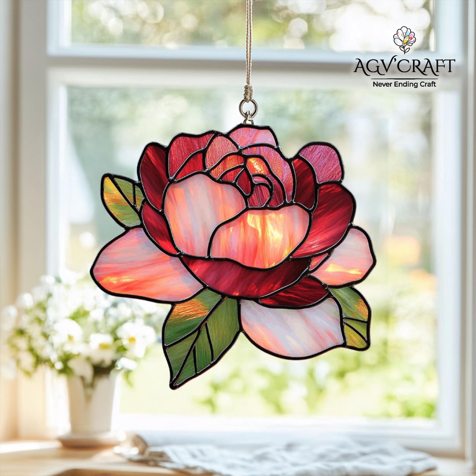 Peony Stained Glass Pattern, Peony Suncatcher, Flower Art Stained Glass ...