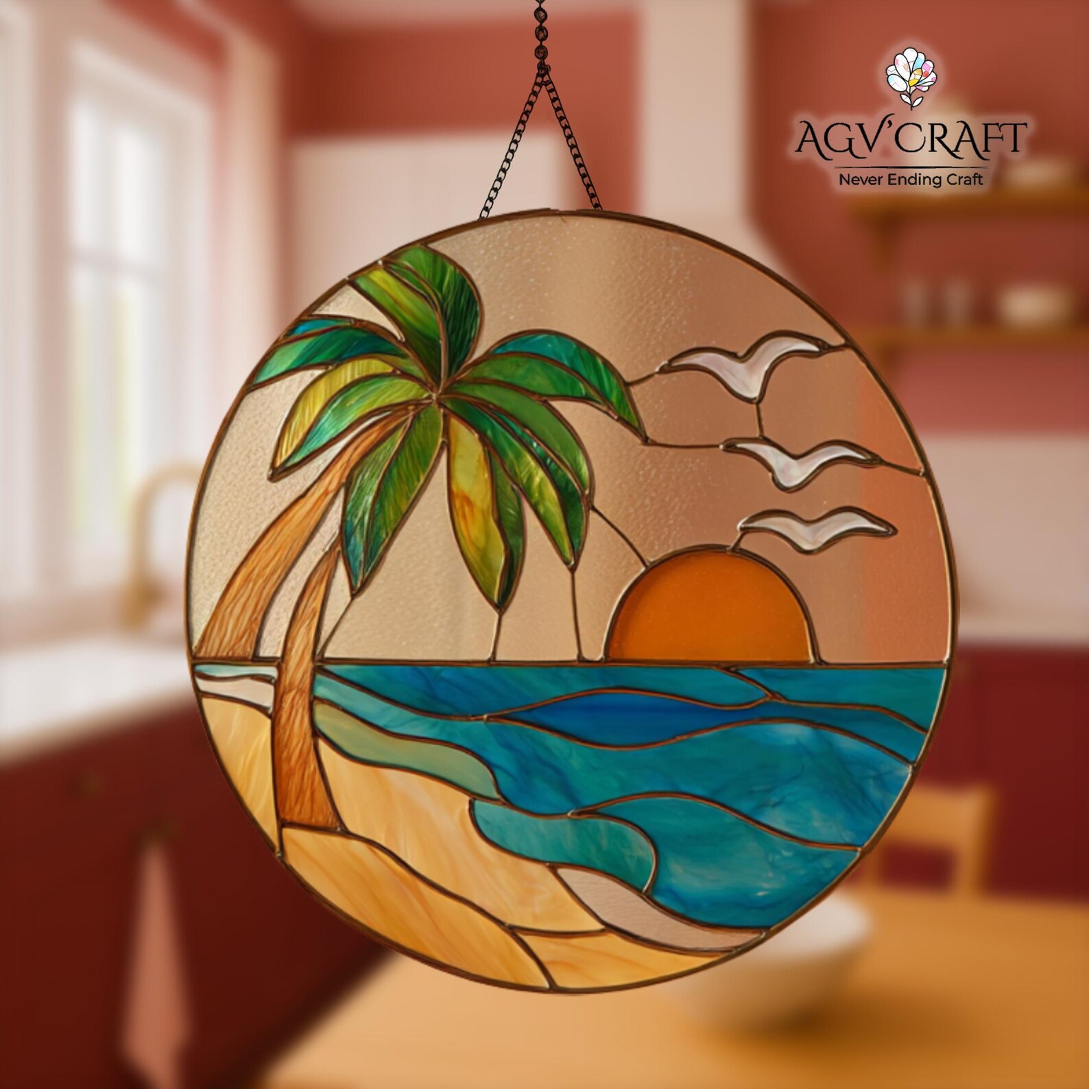 Tropical Beach Stained Glass Pattern, Beach Suncatcher, Ocean Stained ...