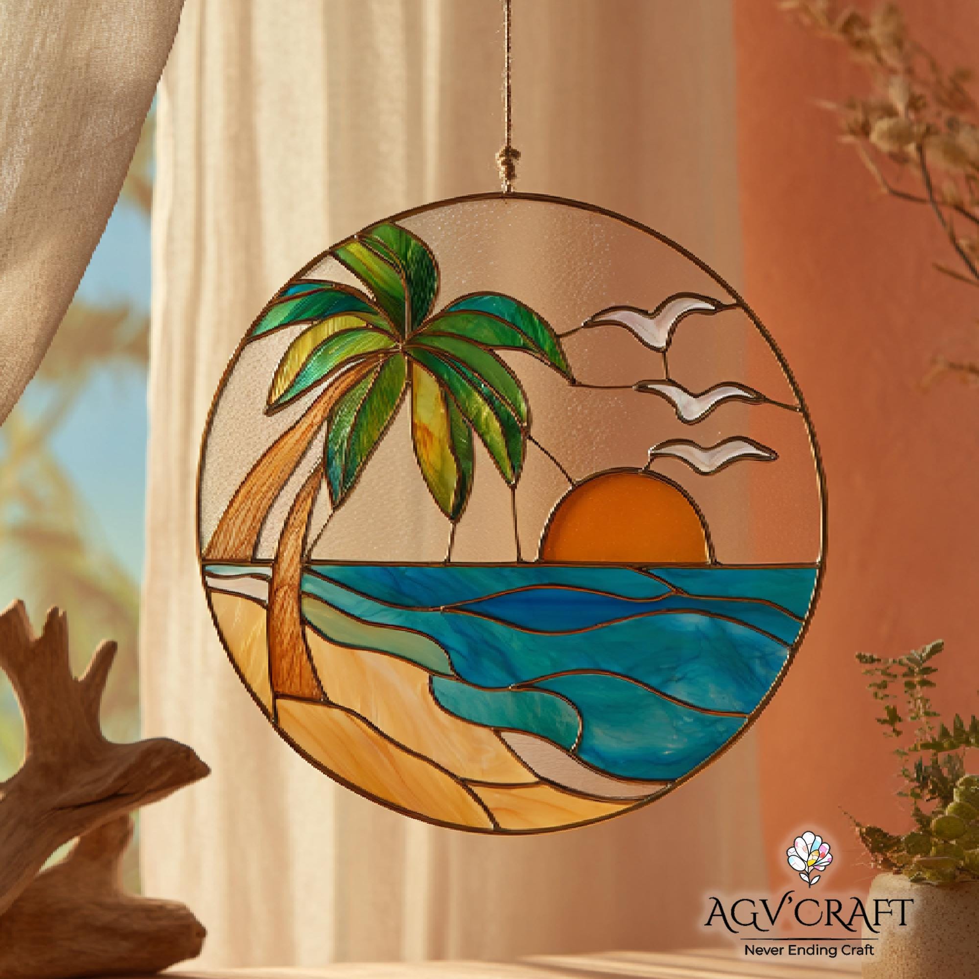 Tropical Beach Stained Glass Pattern, Beach Suncatcher, Ocean Stained ...