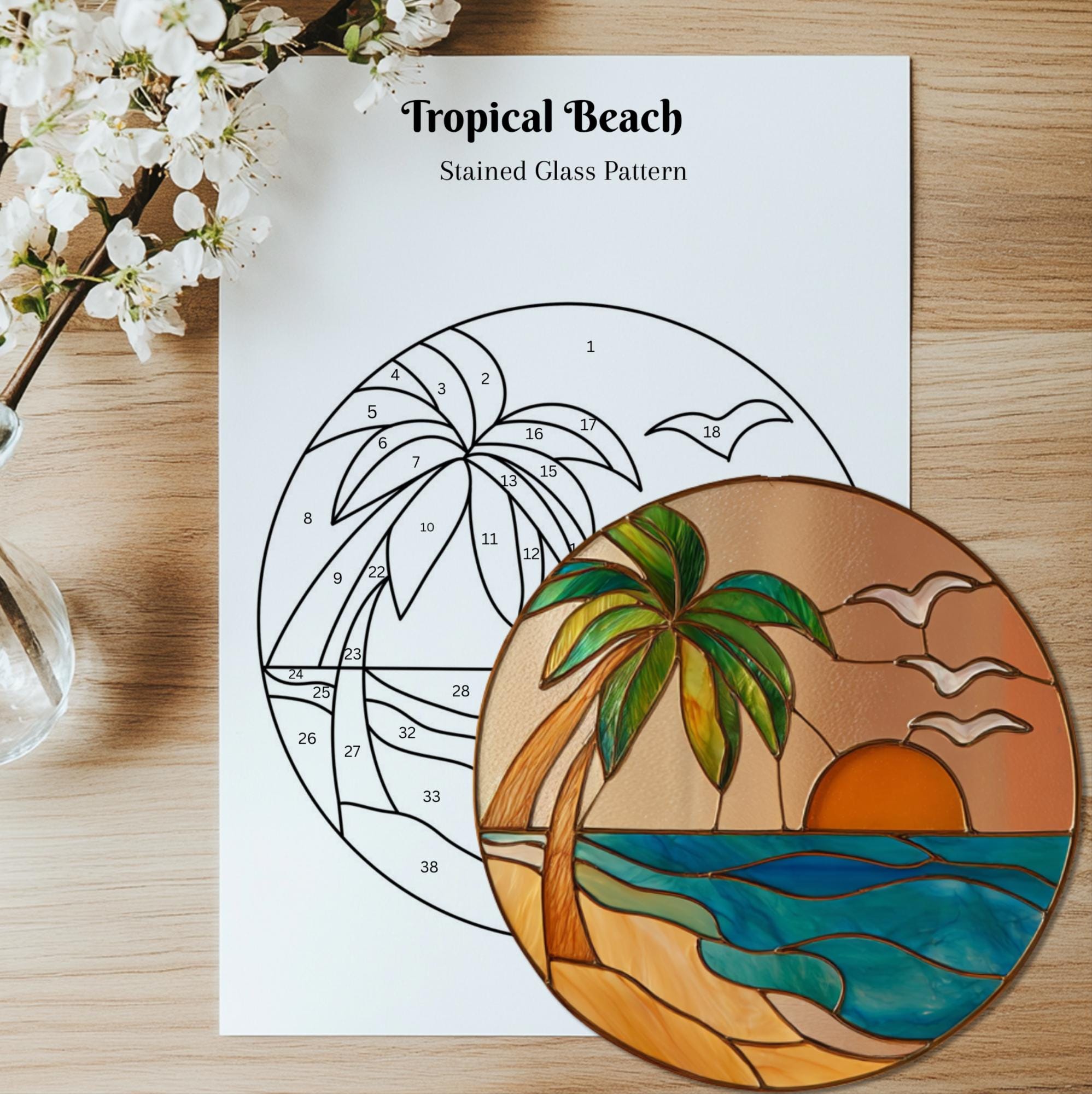 Tropical Beach Stained Glass Pattern, Beach Suncatcher, Ocean Stained ...