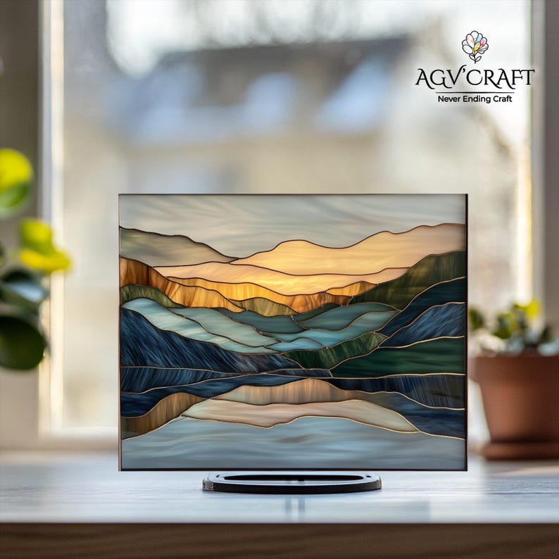 Lake Surrounded Mountains Stained Glass Pattern, Lake Suncatcher ...