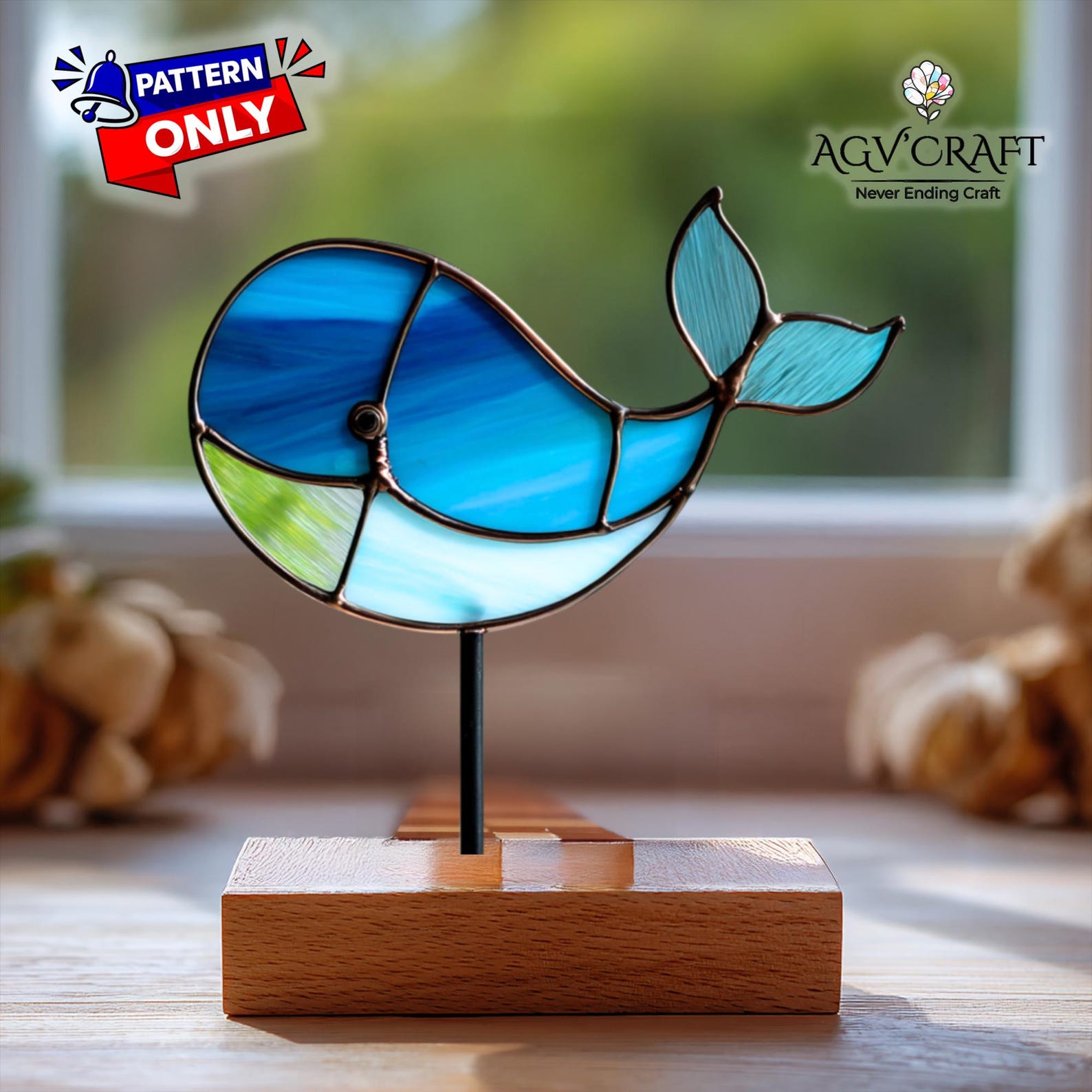 Blue Whale Stained Glass Plant Stakes Pattern, Whale Suncatcher, Whale ...