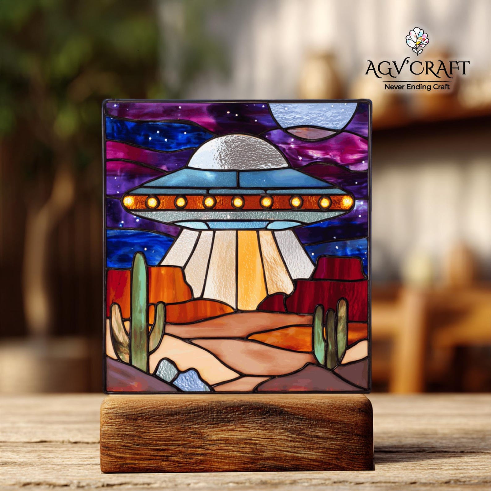 Ufo Over the Desert Stained Glass Pattern, UFO Desert Suncatcher, UFO ...