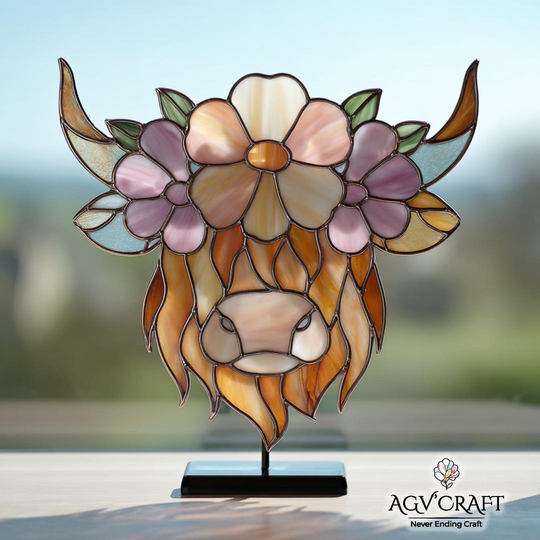 Highland Cow Flower Stained Glass Pattern, Beautiful Highland Cow ...