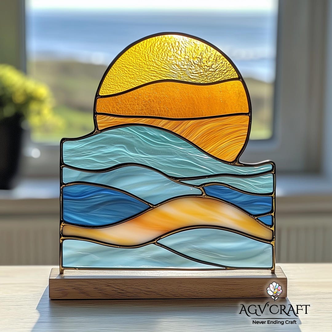 Beach Scene Stained Glass Pattern, Beach Suncatcher, Ocean Stained ...