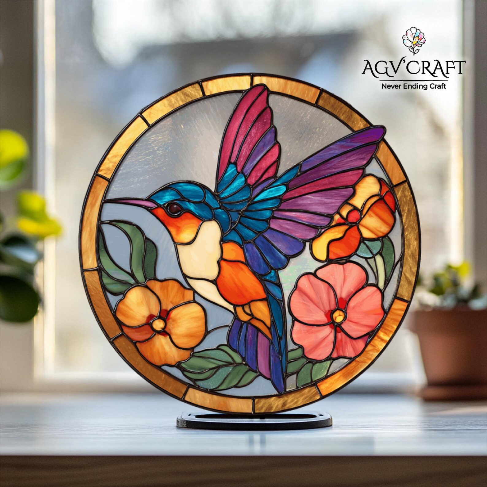 Hummingbird Stained Glass Pattern, Hummingbird Flower Suncatcher ...