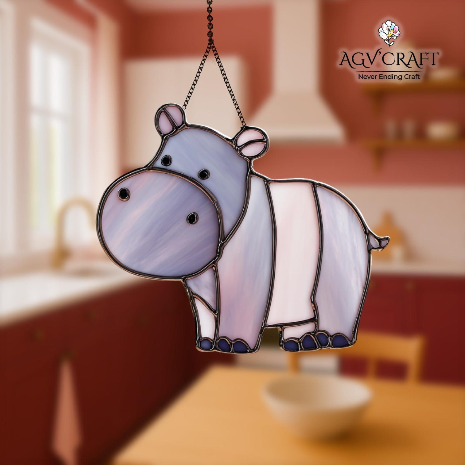 Hippo Stained Glass Pattern, Cute Hippo Suncatcher Template, Home Decor ...