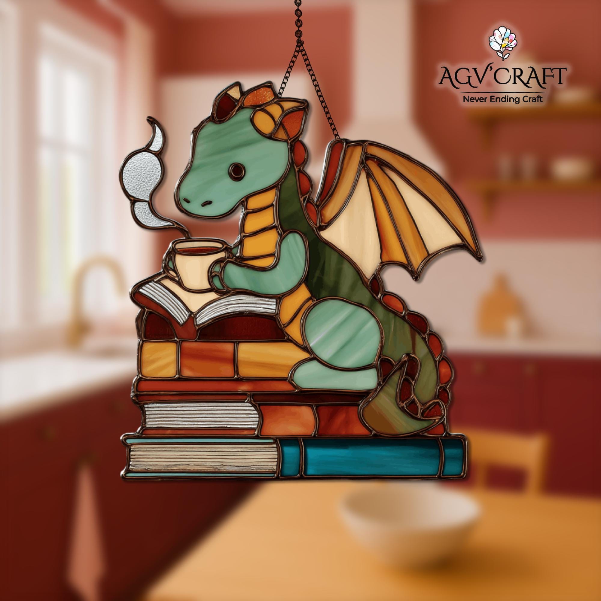 Dragon Reading Book Stained Glass Pattern, Dragon Book Suncatcher ...