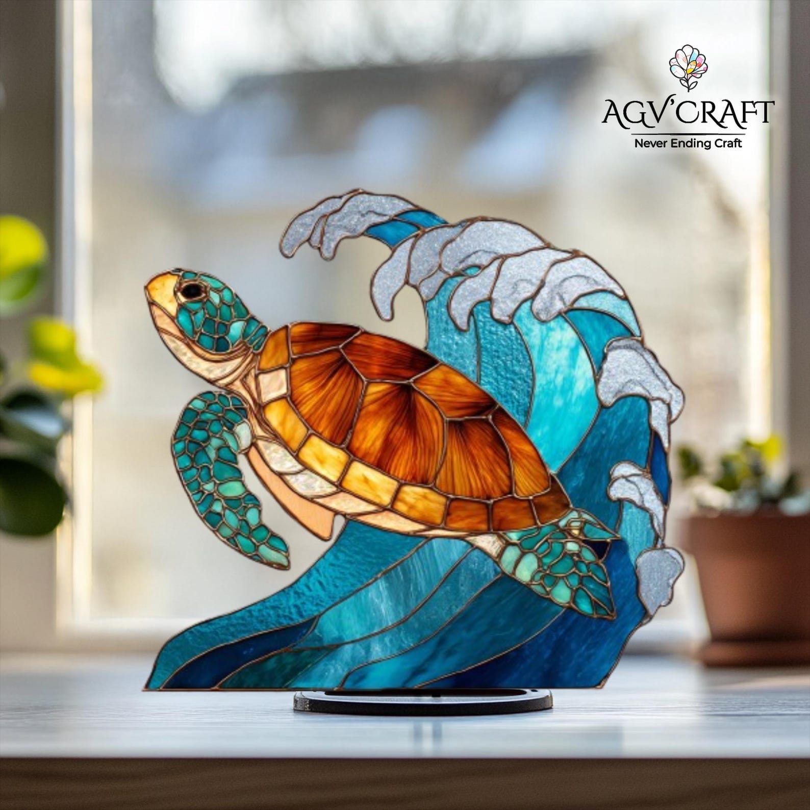 Turtle on Waves Stained Glass Pattern, Turtle With Waves Suncatcher ...