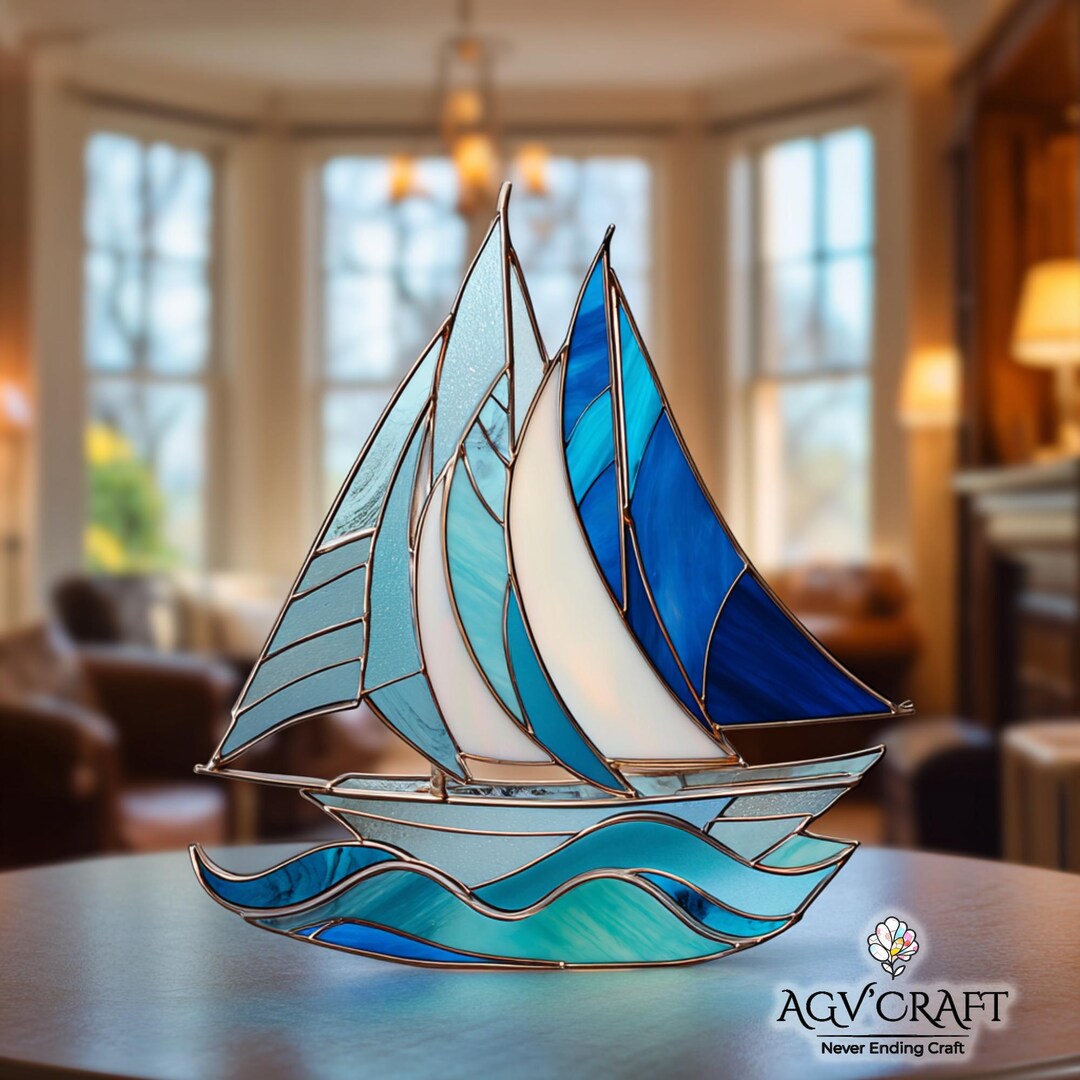 Blue Yacht Stained Glass Pattern, Blue Yacht Suncatcher, Simple Blue ...