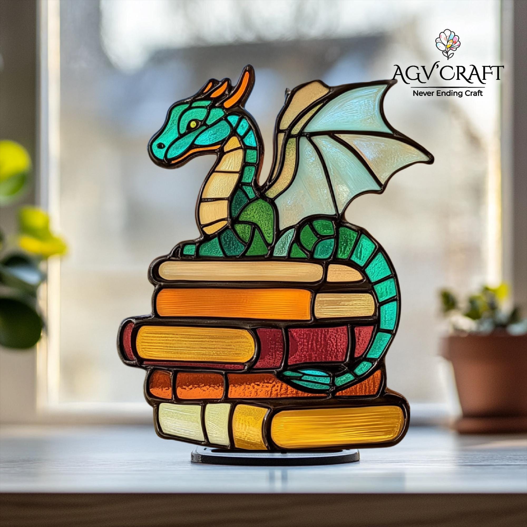 Dragon Book Stained Glass Pattern, Fantasy Suncatcher, Mythical Stained ...