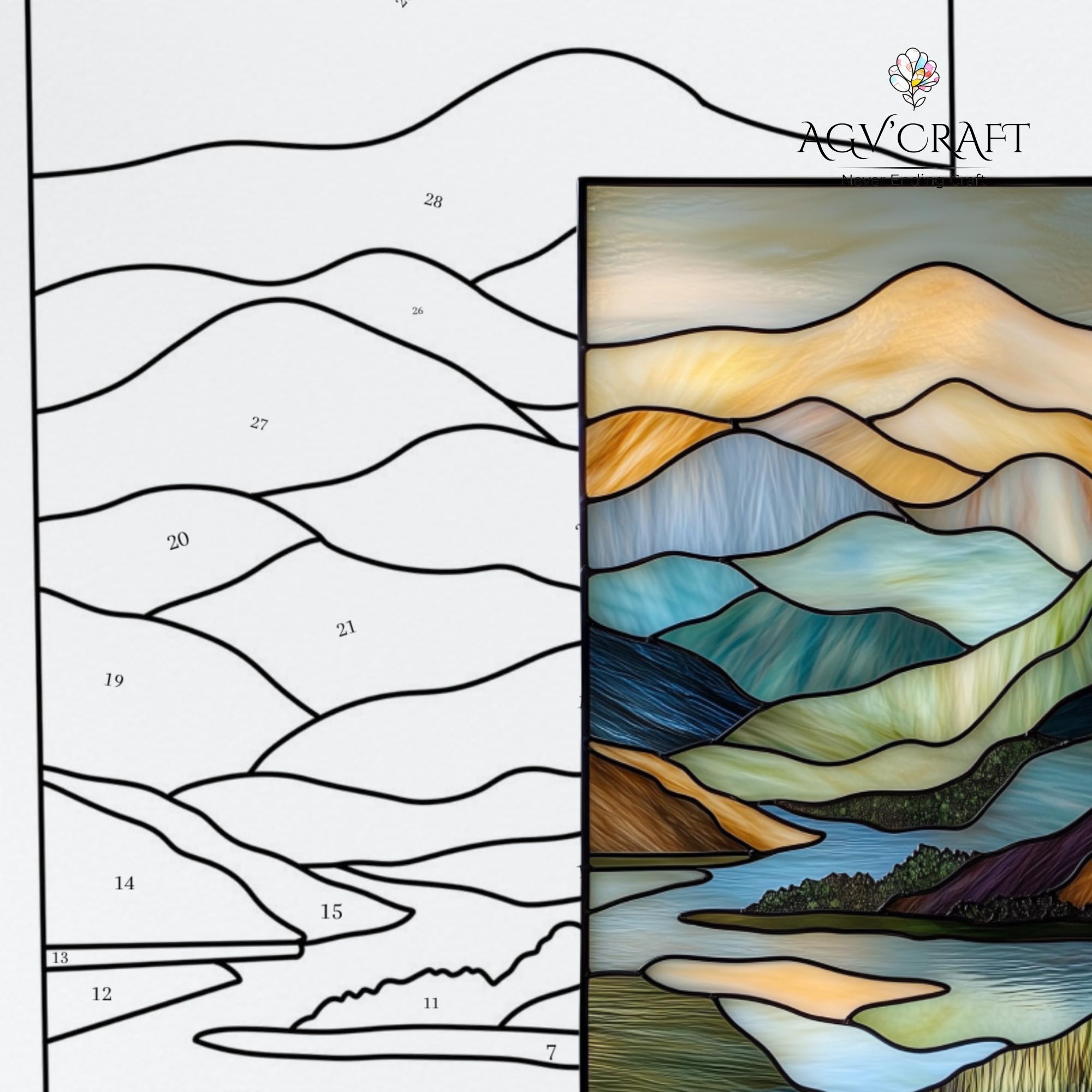 Landscape Mountain River Stained Glass Pattern, Mountain River ...
