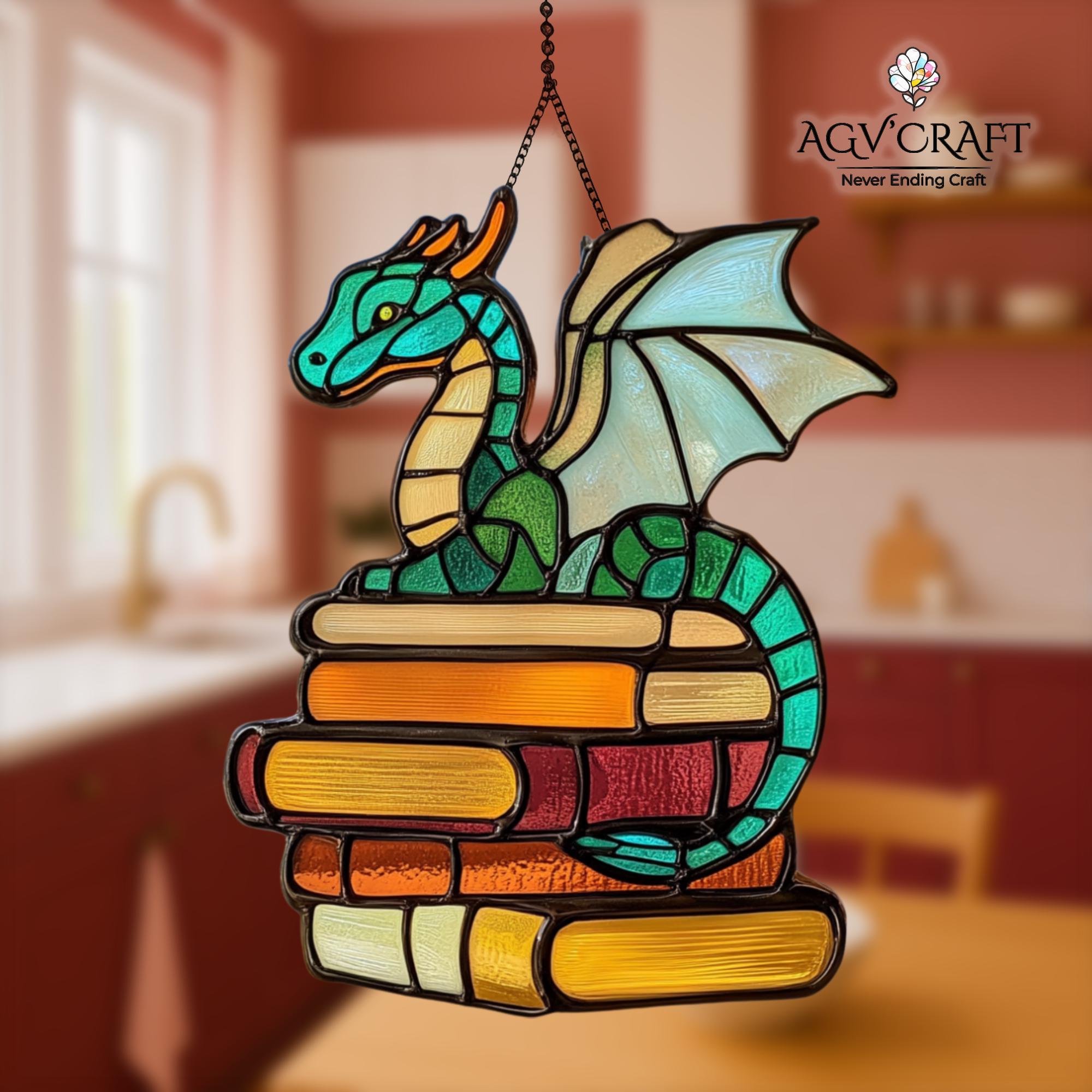 Dragon Book Stained Glass Pattern, Fantasy Suncatcher, Mythical Stained ...