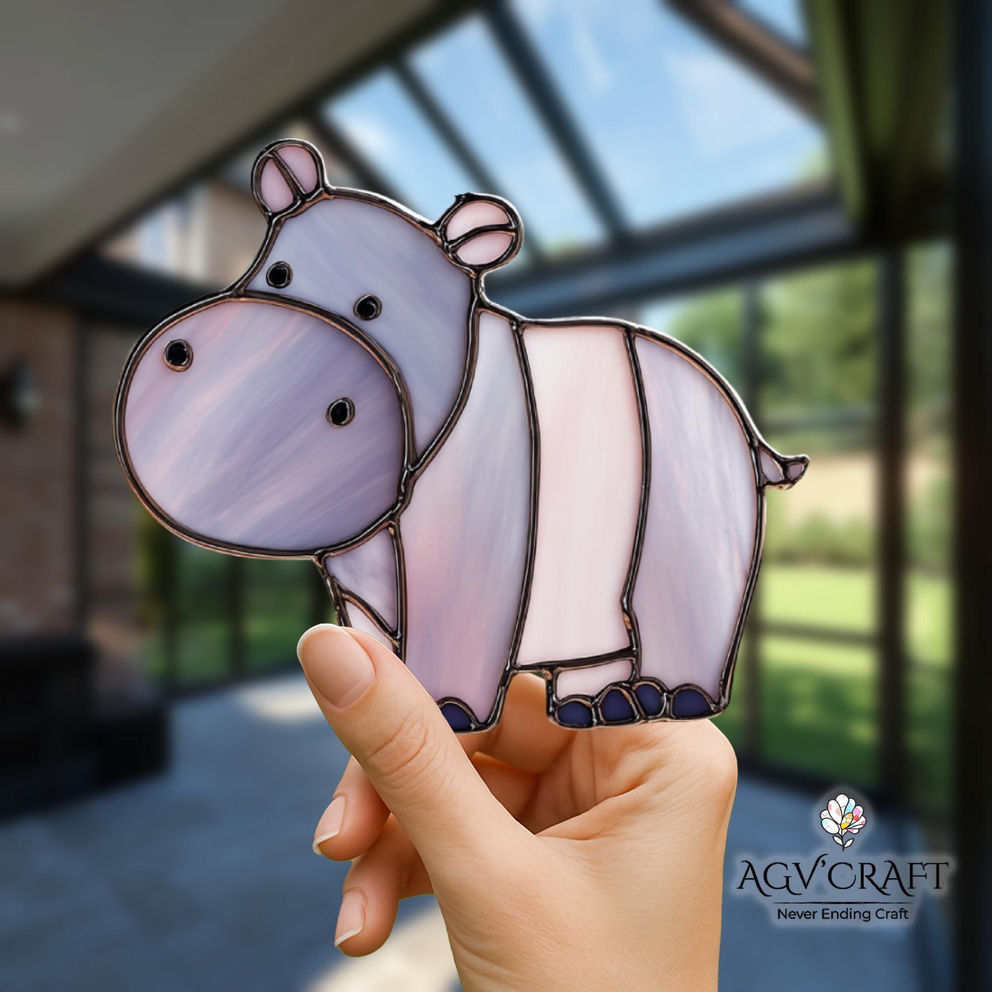 Hippo Stained Glass Pattern, Cute Hippo Suncatcher Template, Home Decor ...
