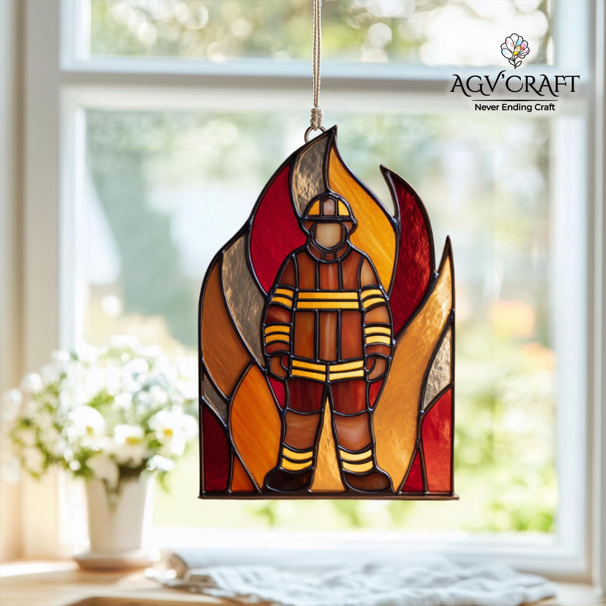 Firefighter Stained Glass Pattern, Firefighter Suncatcher, Fireman ...