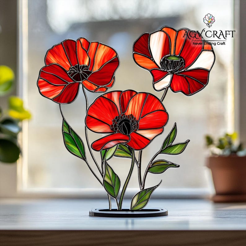 Set of 3 Poppy Stained Glass Pattern, Flower Poppy Stained Glass, Red ...