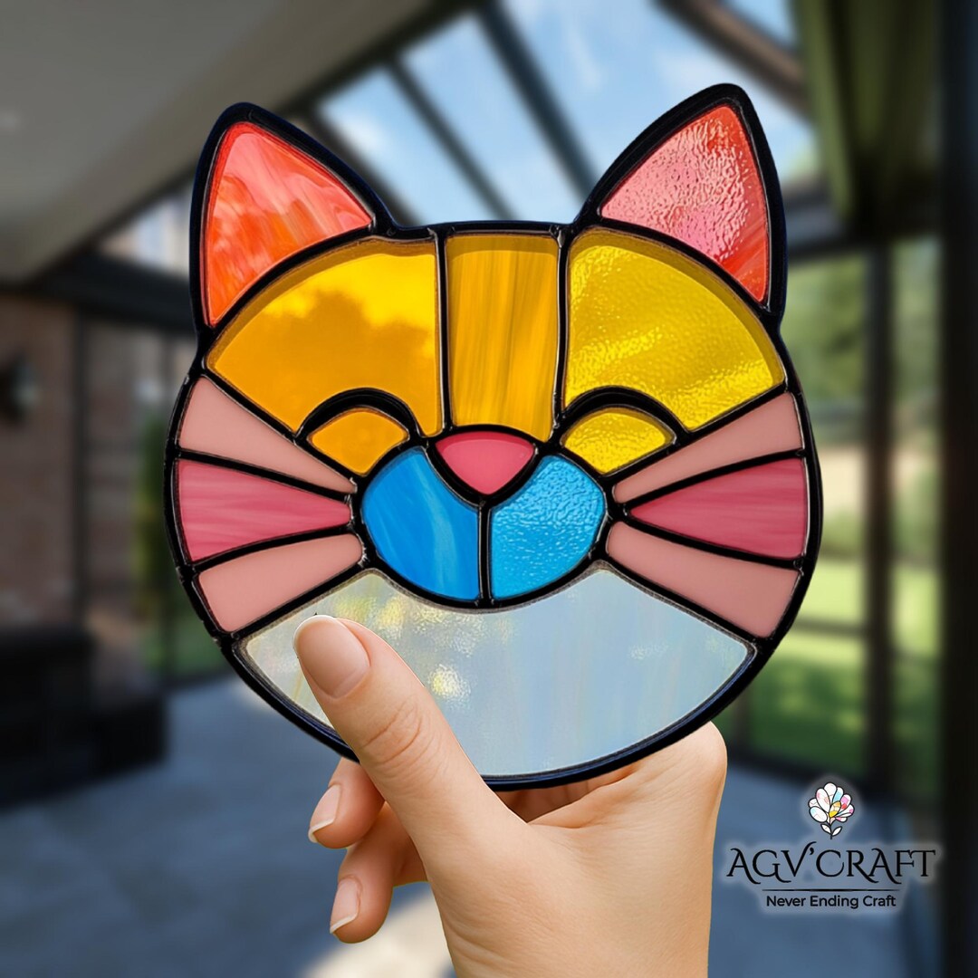 Cat Face Stained Glass Pattern, Cat Face Suncatcher, Cute Cat Stained ...
