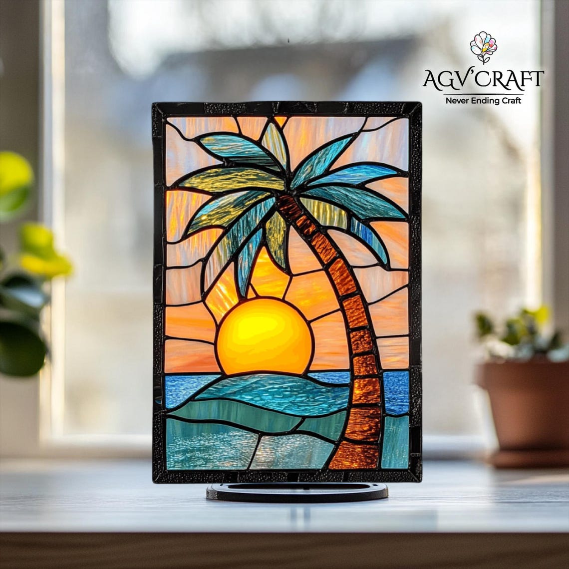 Beach Sunset Stained Glass Pattern, Sunset Suncatcher, Sunset on Beach ...