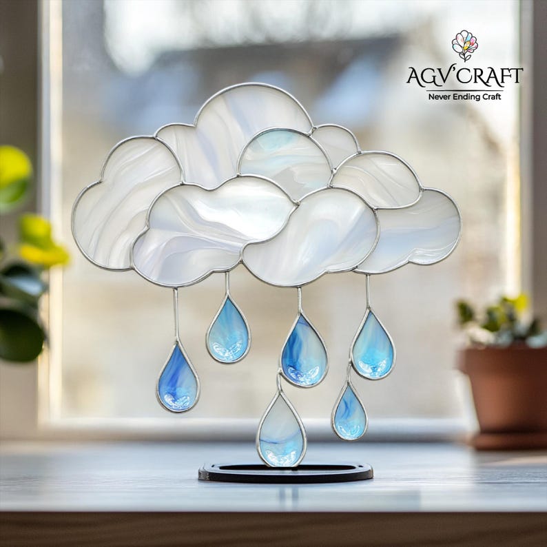 Cloud With Drop Stained Glass Pattern, Rain Drop Glass Pattern, Cloud ...